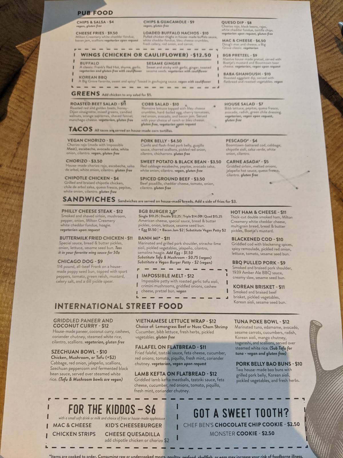 Menu at Big Grove Brewery & Taproom restaurant, Iowa City