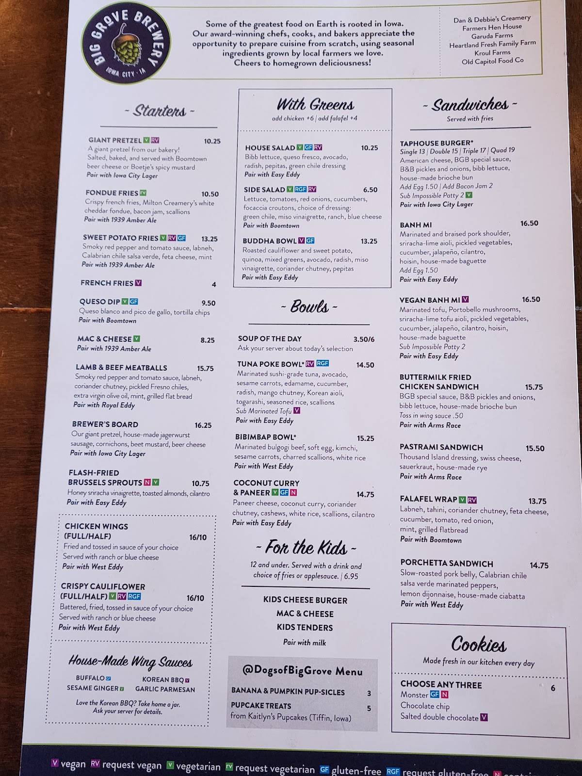 Menu at Big Grove Brewery & Taproom restaurant, Iowa City