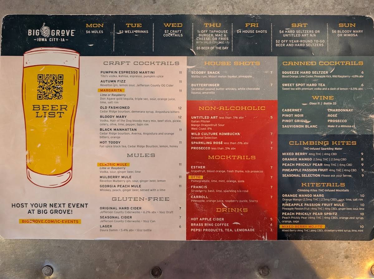 Menu at Big Grove Brewery & Taproom restaurant, Iowa City