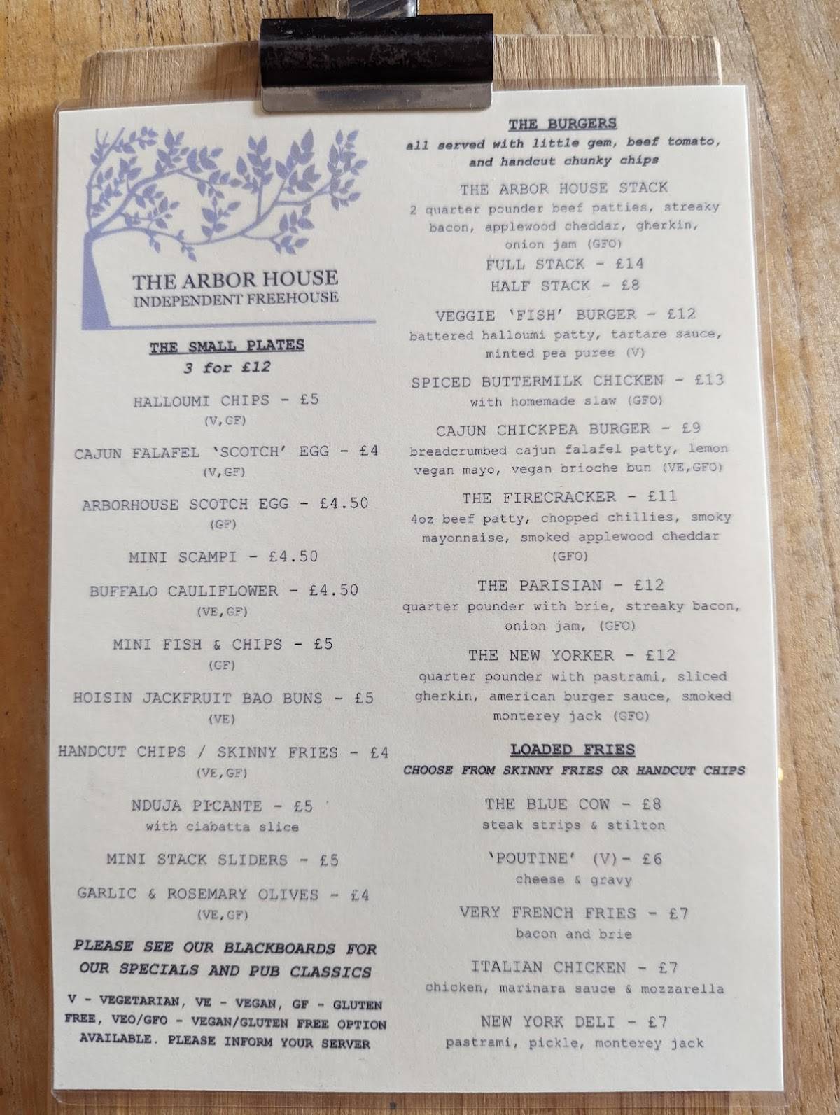 Menu at The Arbor House pub & bar, Ipswich