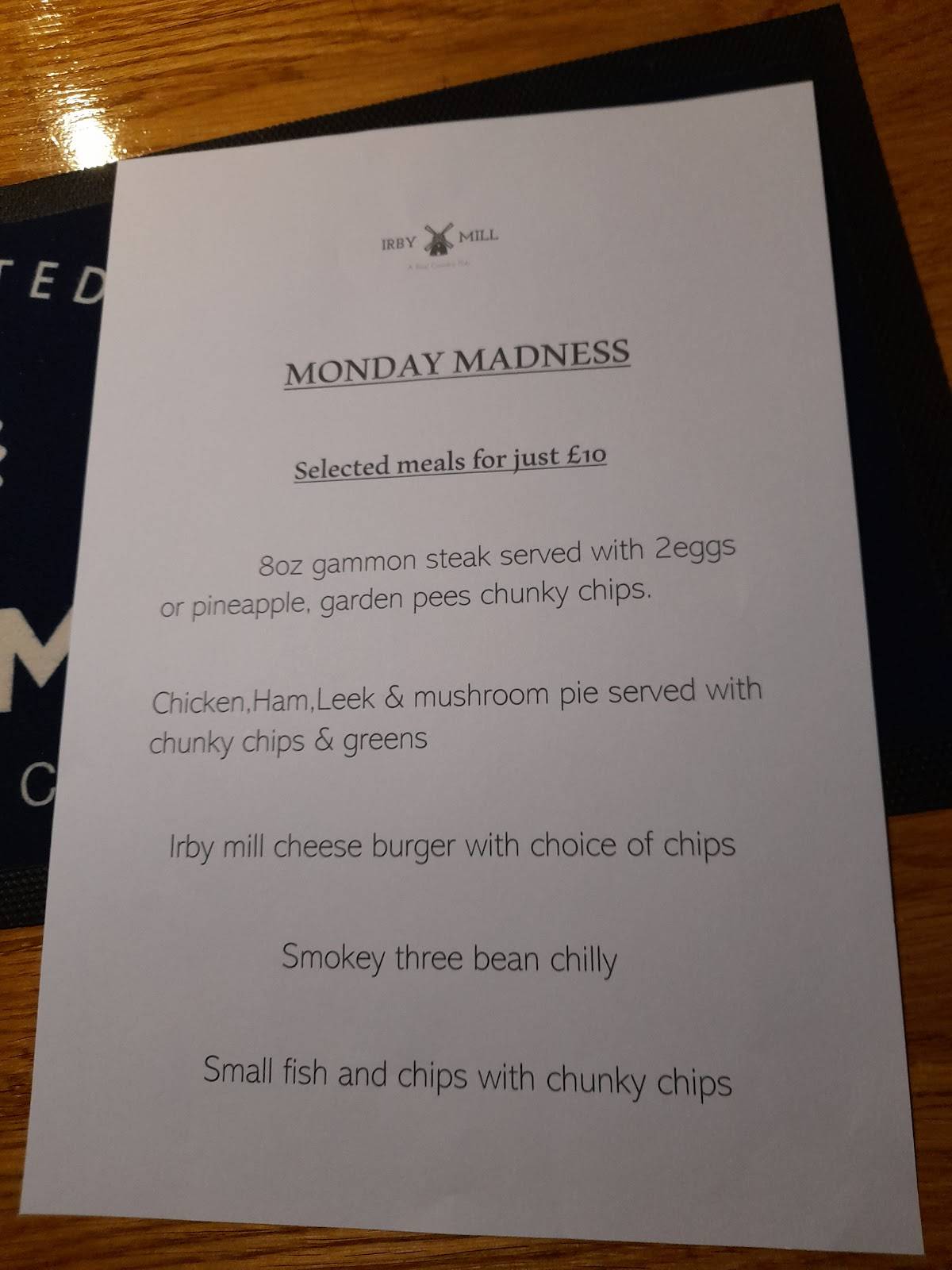 Menu at Irby Mill pub & bar, Greasby