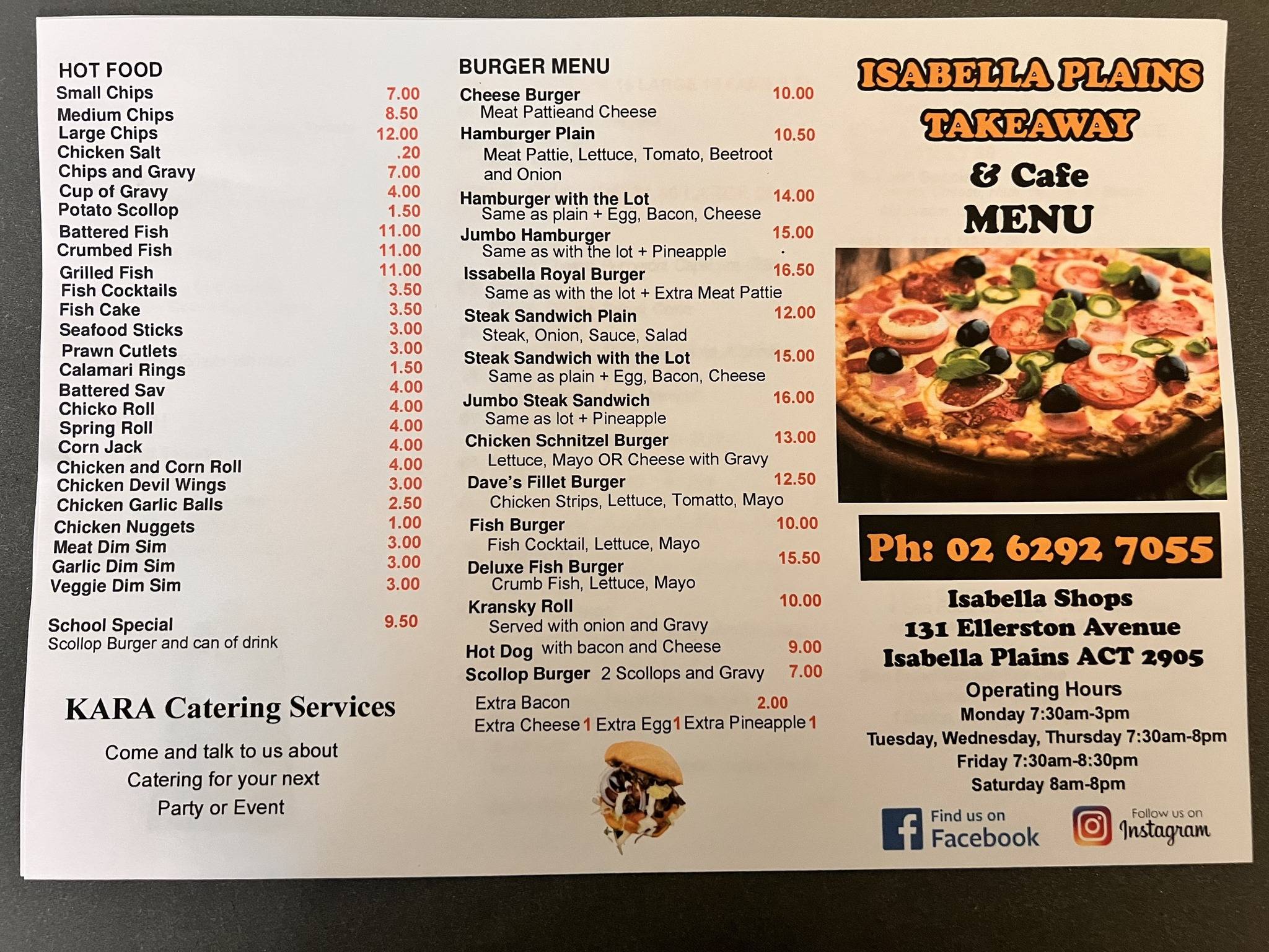 Menu at Isabella Plains Takeaway &Cafe, Isabella Plains