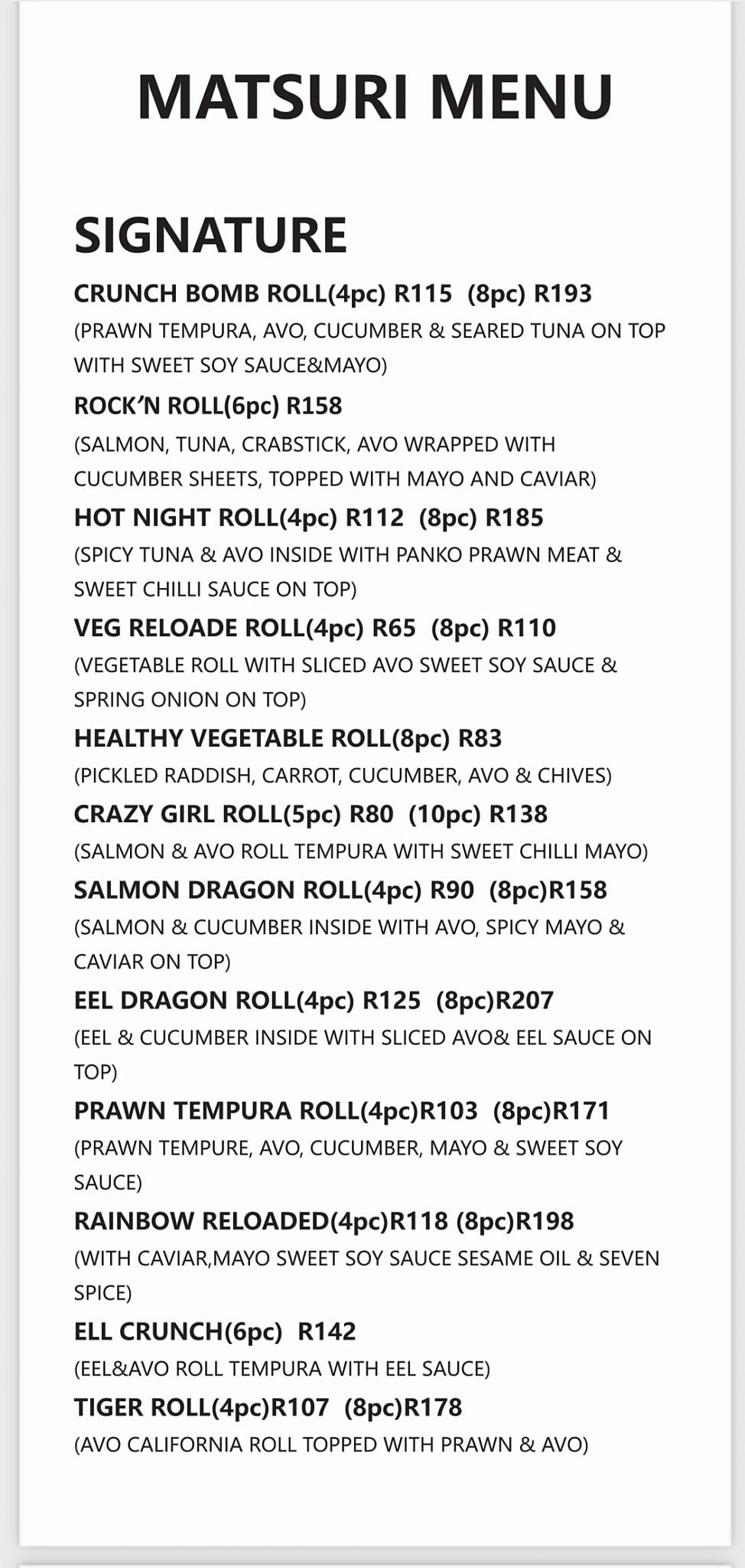 Menu at Izakaya Matsuri restaurant, Cape Town