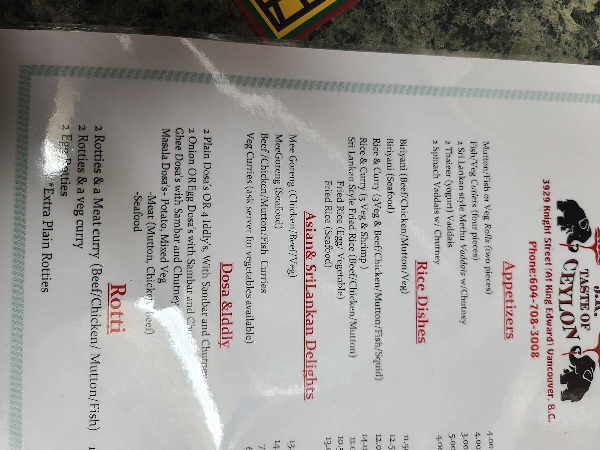 Menu at J.R Taste Of Ceylon restaurant, Vancouver