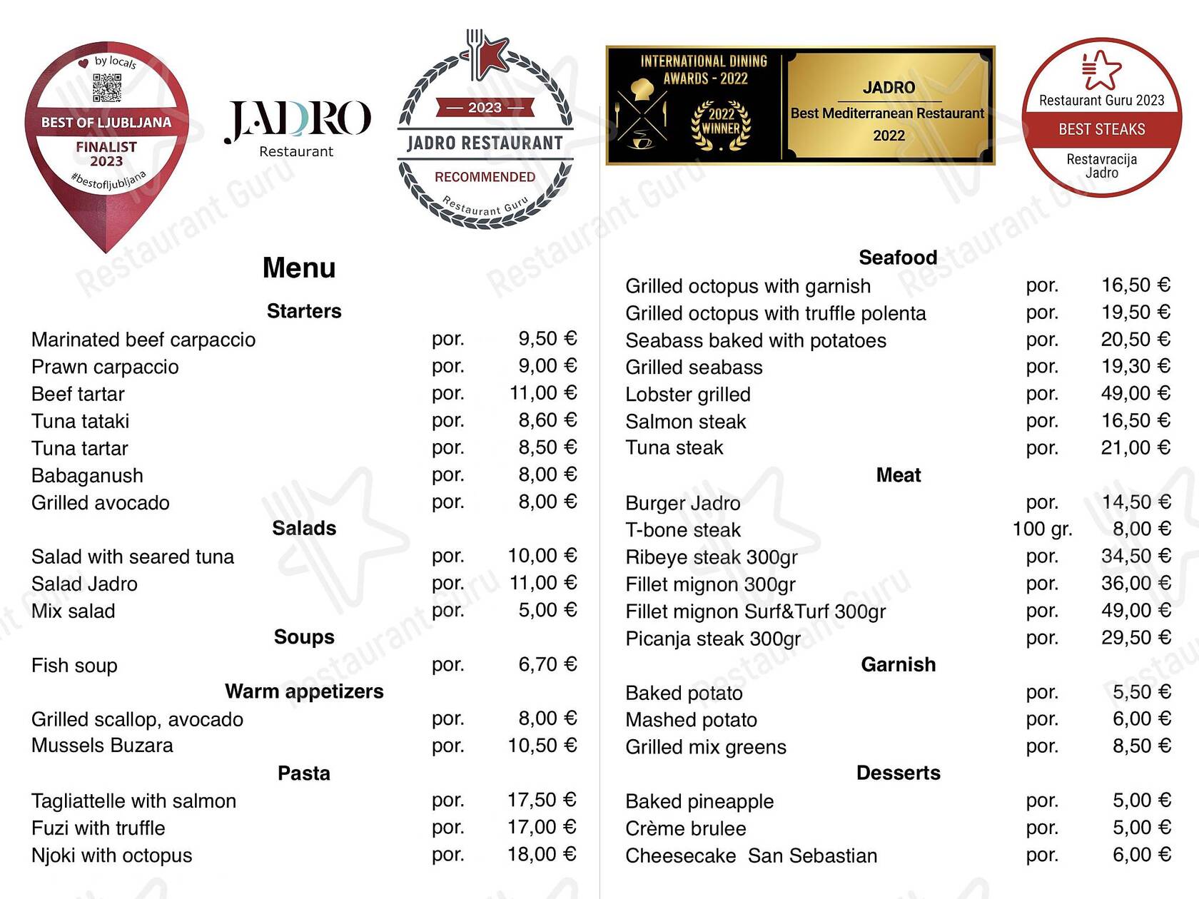 Menu at JADRO gastrobar, Ljubljana