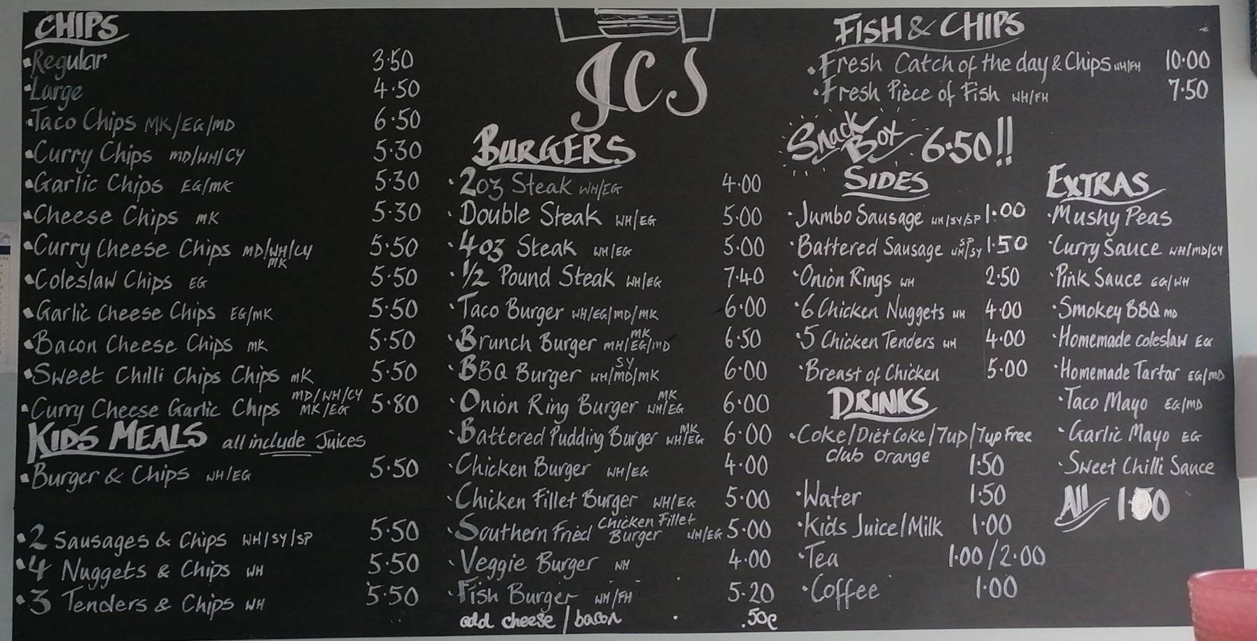Menu at JC's Takeaway restaurant, Skibbereen