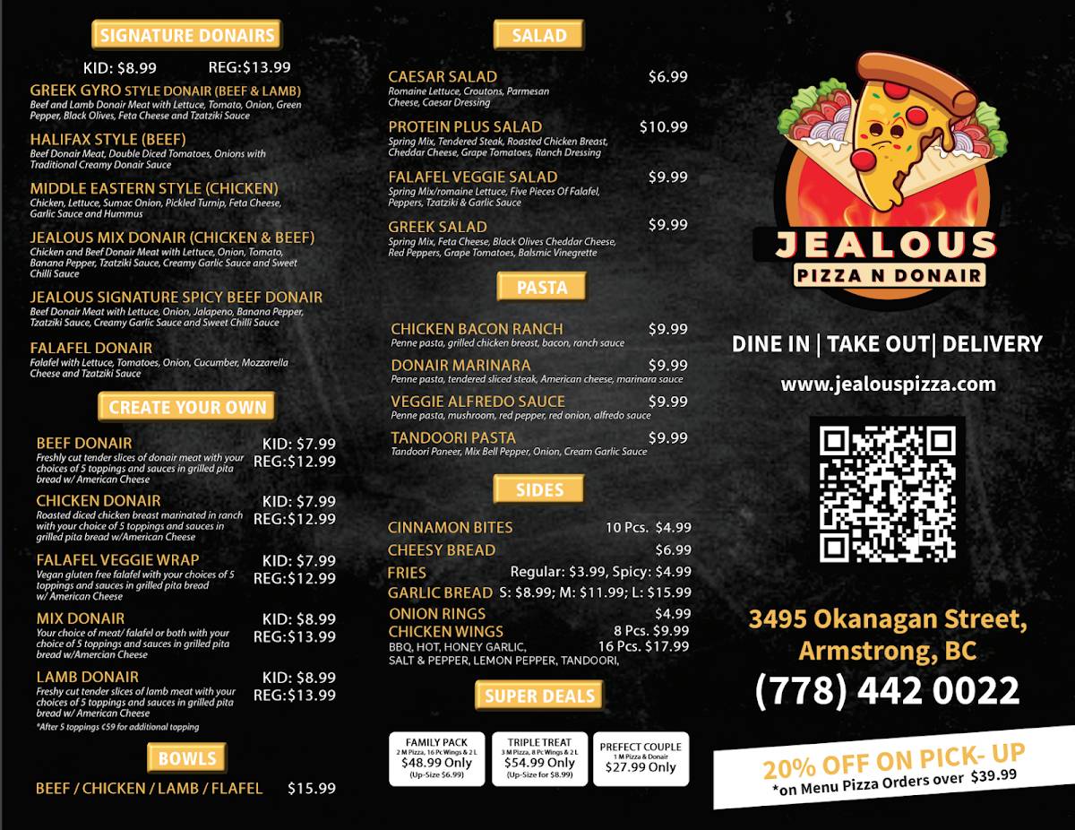 Menu at JEALOUS PIZZA N DONAIR ARMSTRONG restaurant, Armstrong