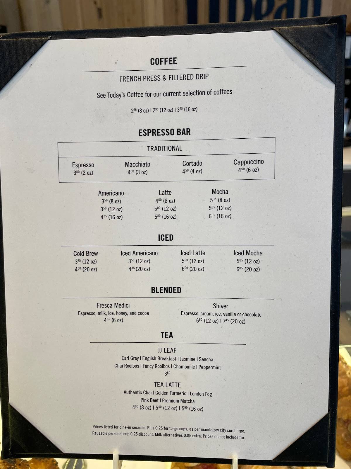 Menu at JJ Bean Coffee Roasters cafe, North Vancouver, 125 17th St E