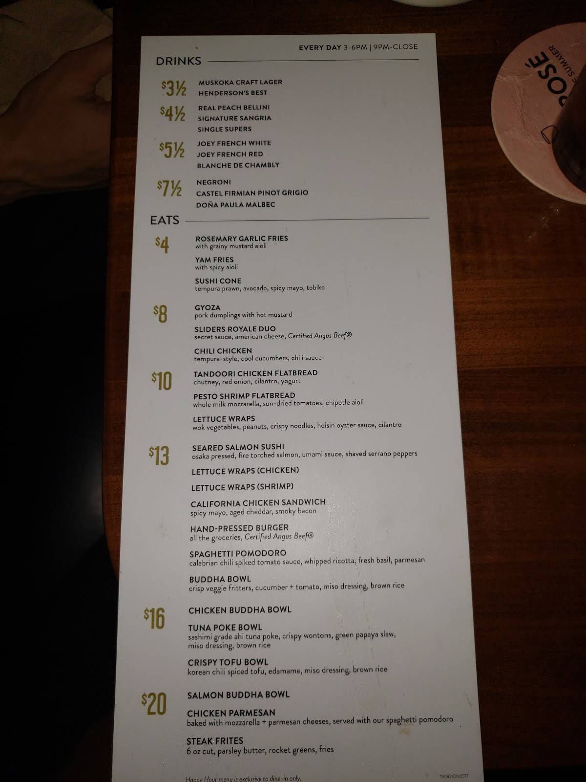 Menu at JOEY Don Mills steakhouse, Toronto, 75 O'Neill Rd