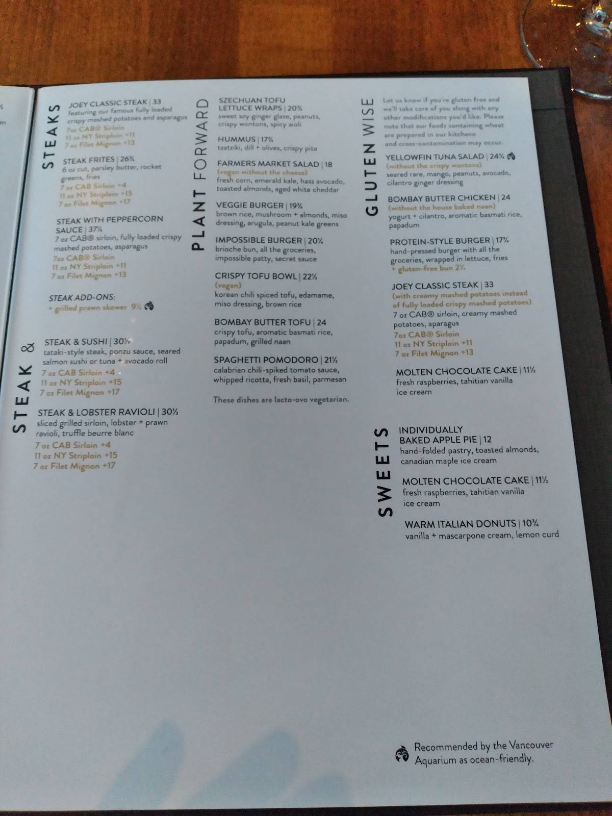 Menu at JOEY Don Mills steakhouse, Toronto, 75 O'Neill Rd