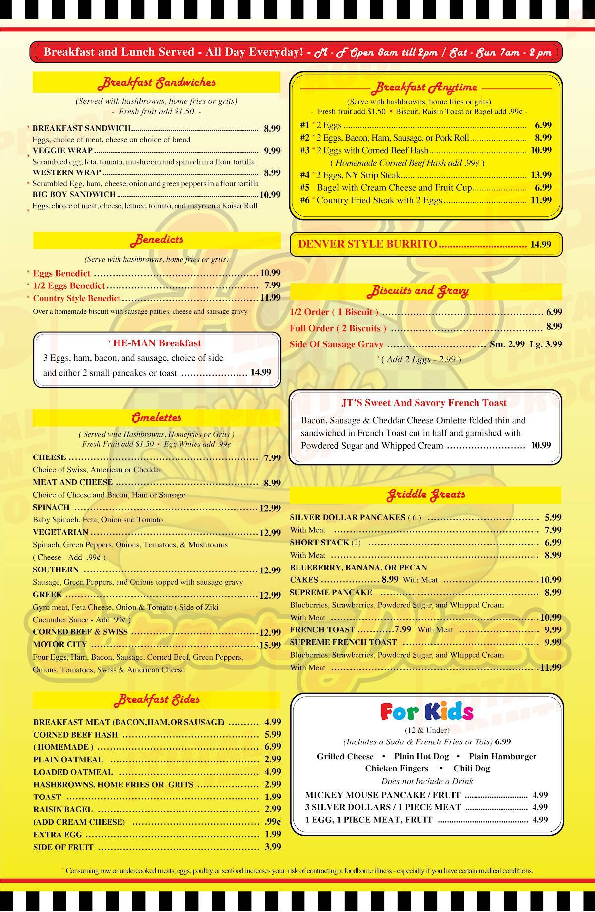 Menu at JT's Corner Diner restaurant, Sebastian