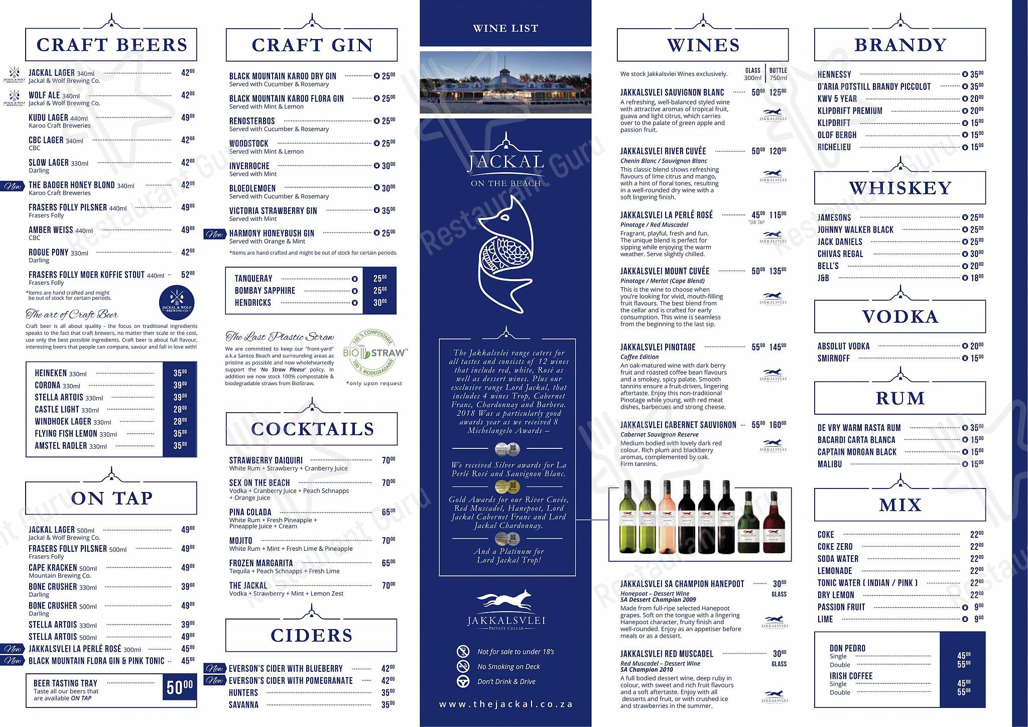 Menu at Pavilion Restaurant / Jackal on the Beach, Mossel Bay