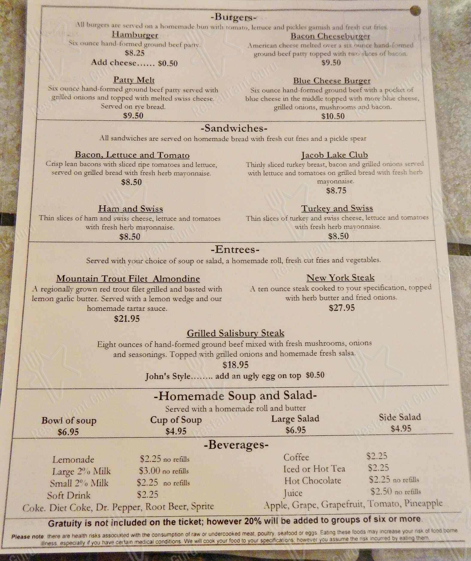 Menu at Jacob Lake Inn restaurant, Jacob Lake