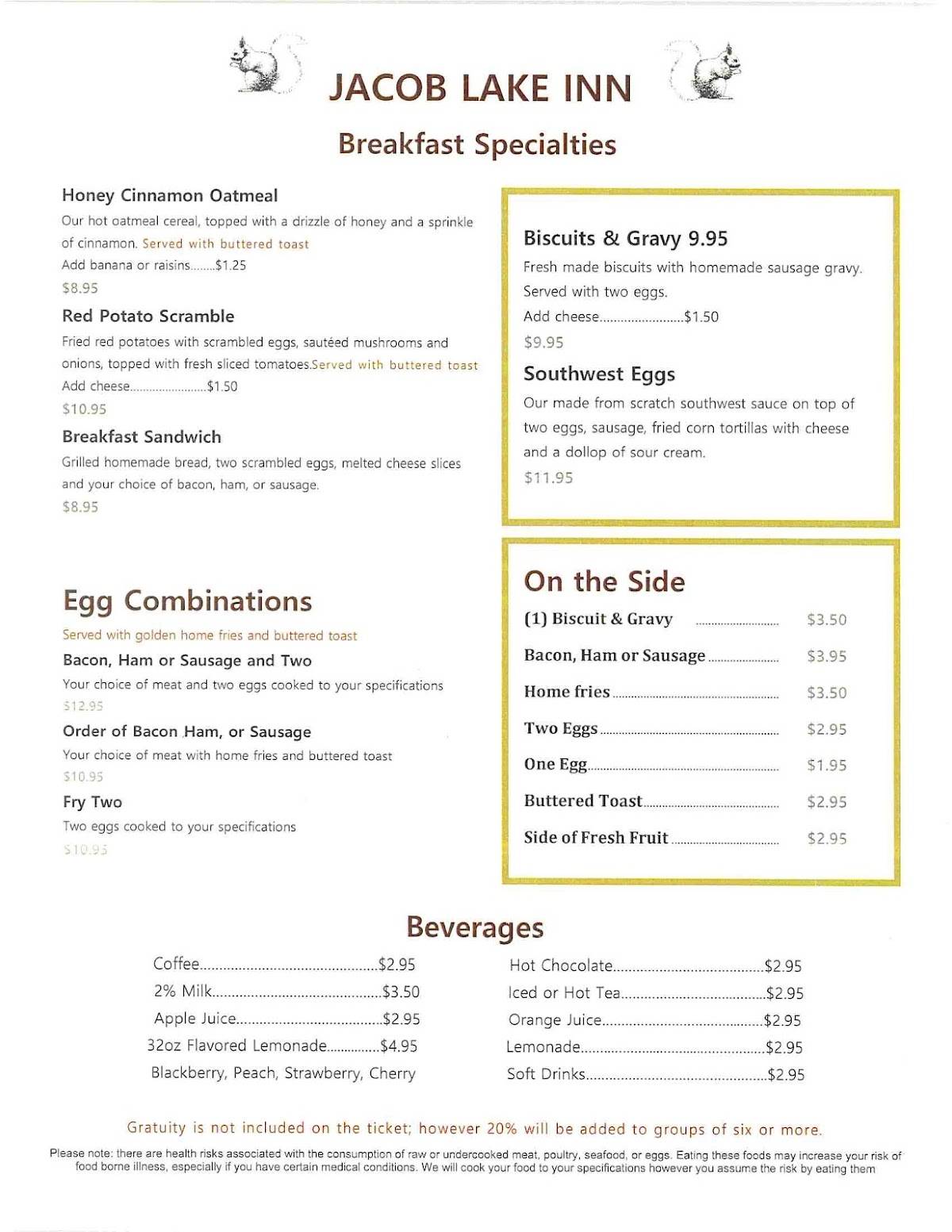 Menu at Jacob Lake Inn restaurant, Jacob Lake