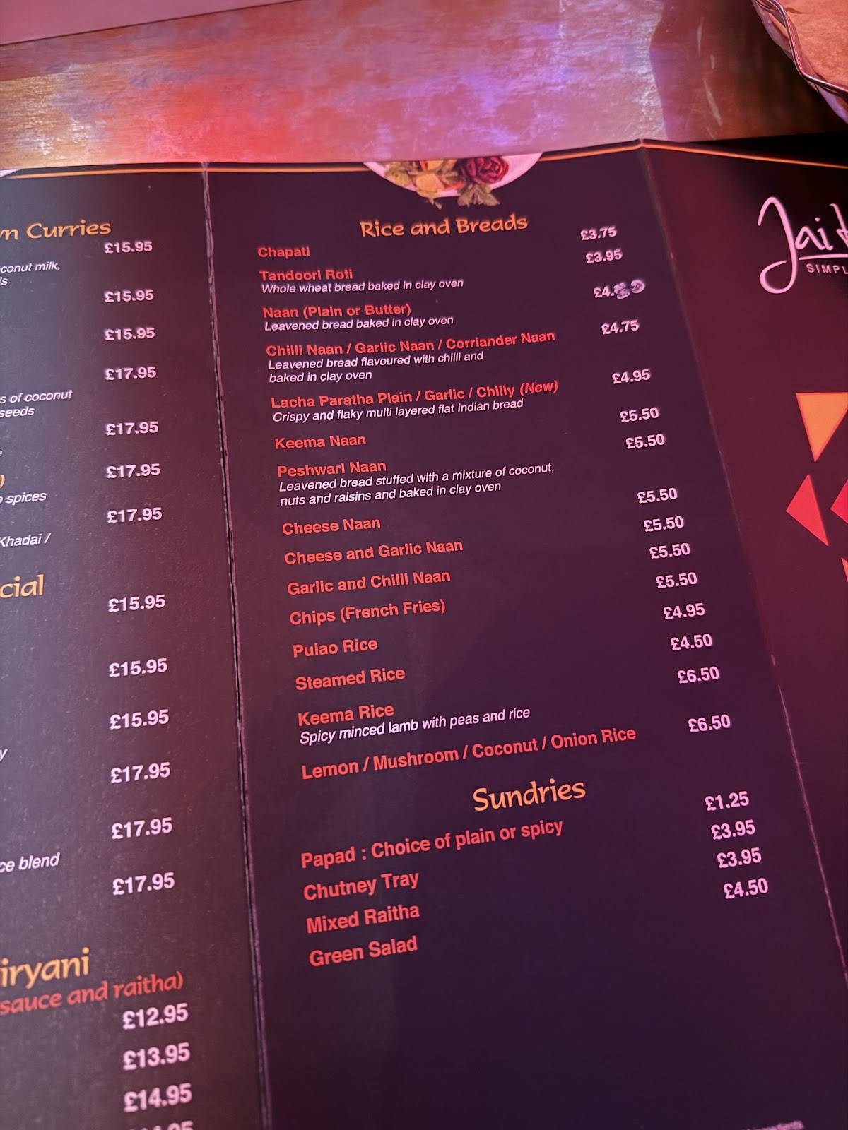 Menu at Jai Ho at the Coppingham Arms restaurant, Horley