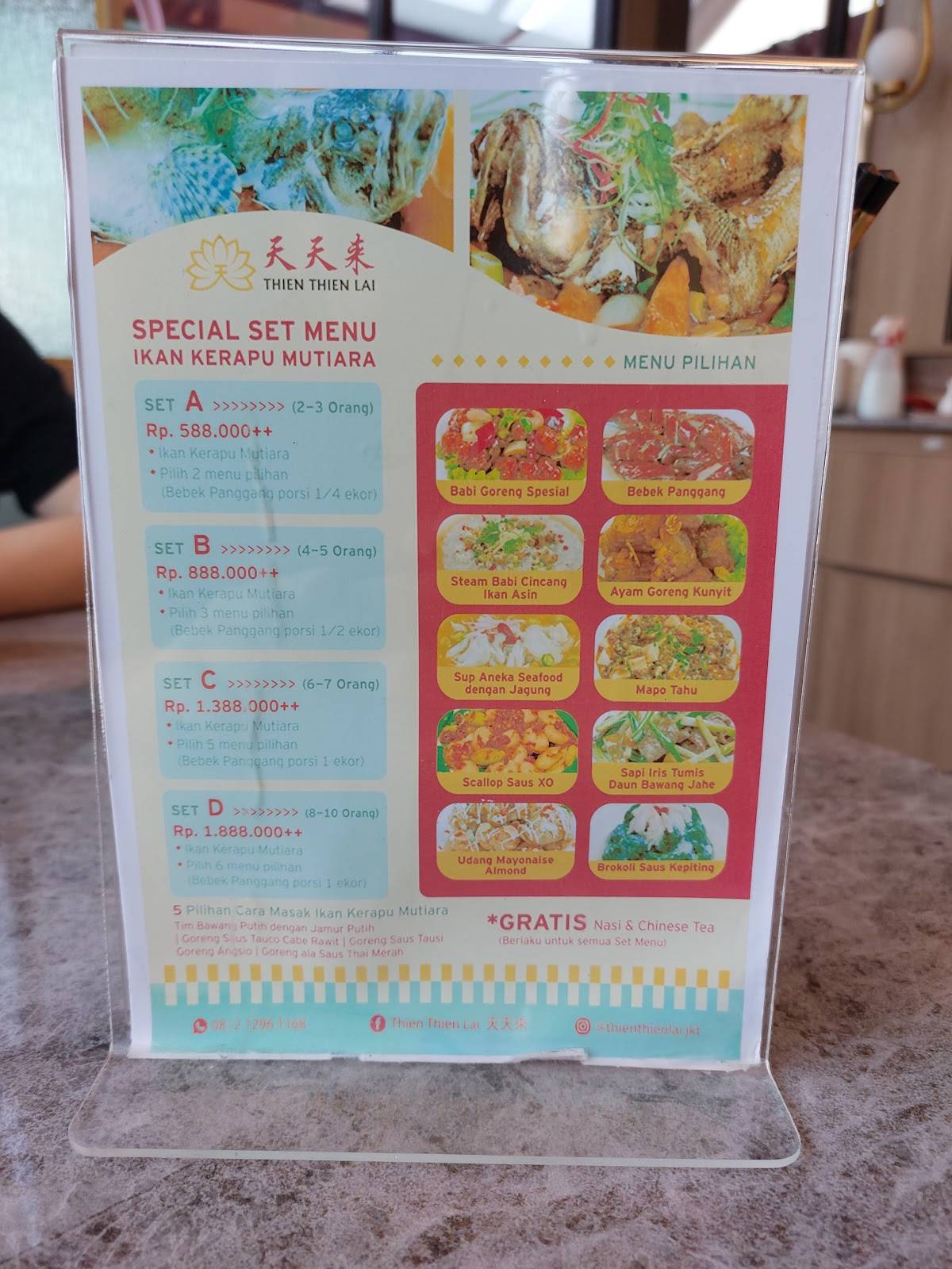 Menu at Thien Thien Lai Chinese Restaurant, Jakarta