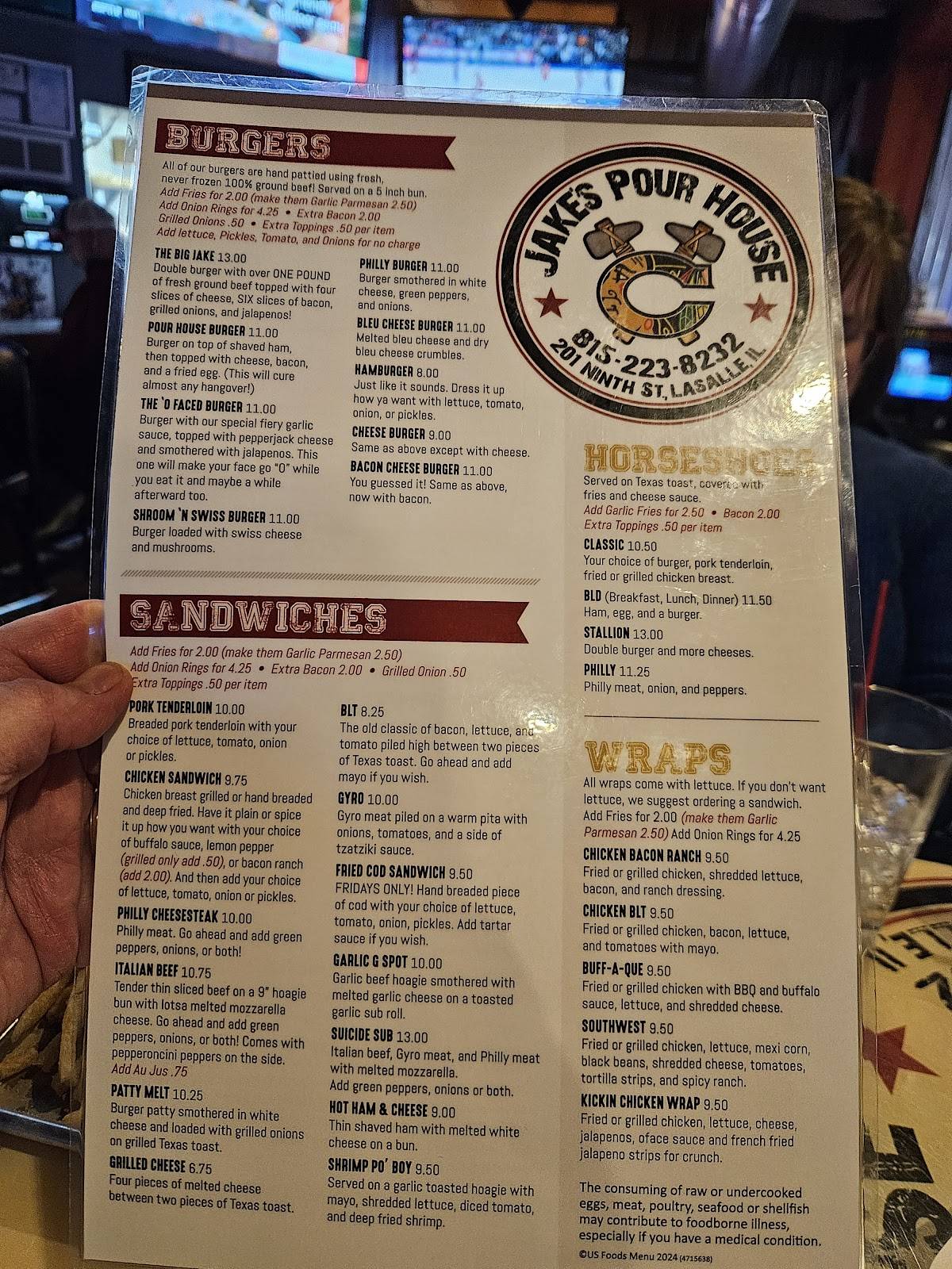 Menu at Jake's Pour House pub & bar, LaSalle