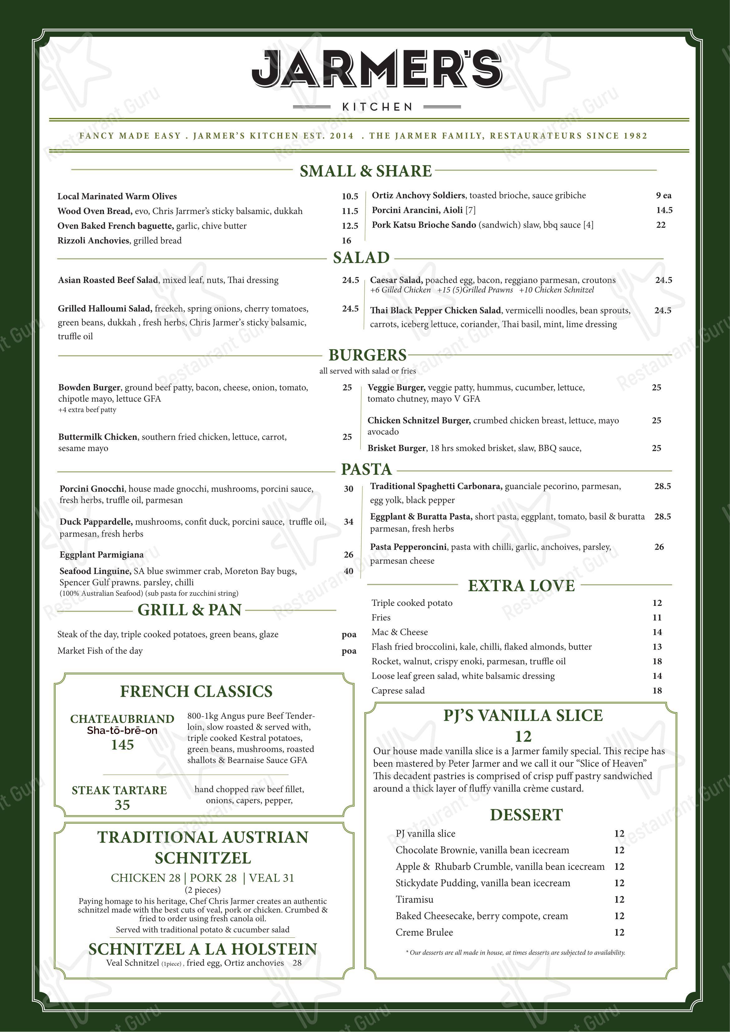 Menu at Jarmer’s Kitchen restaurant, Bowden