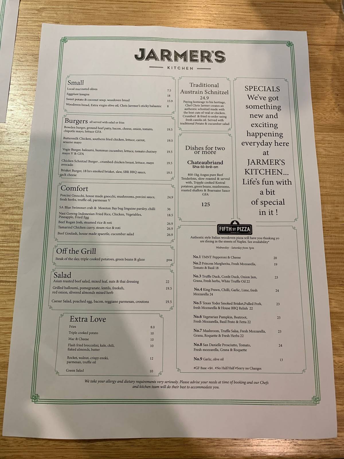 Menu at Jarmer’s Kitchen restaurant, Bowden