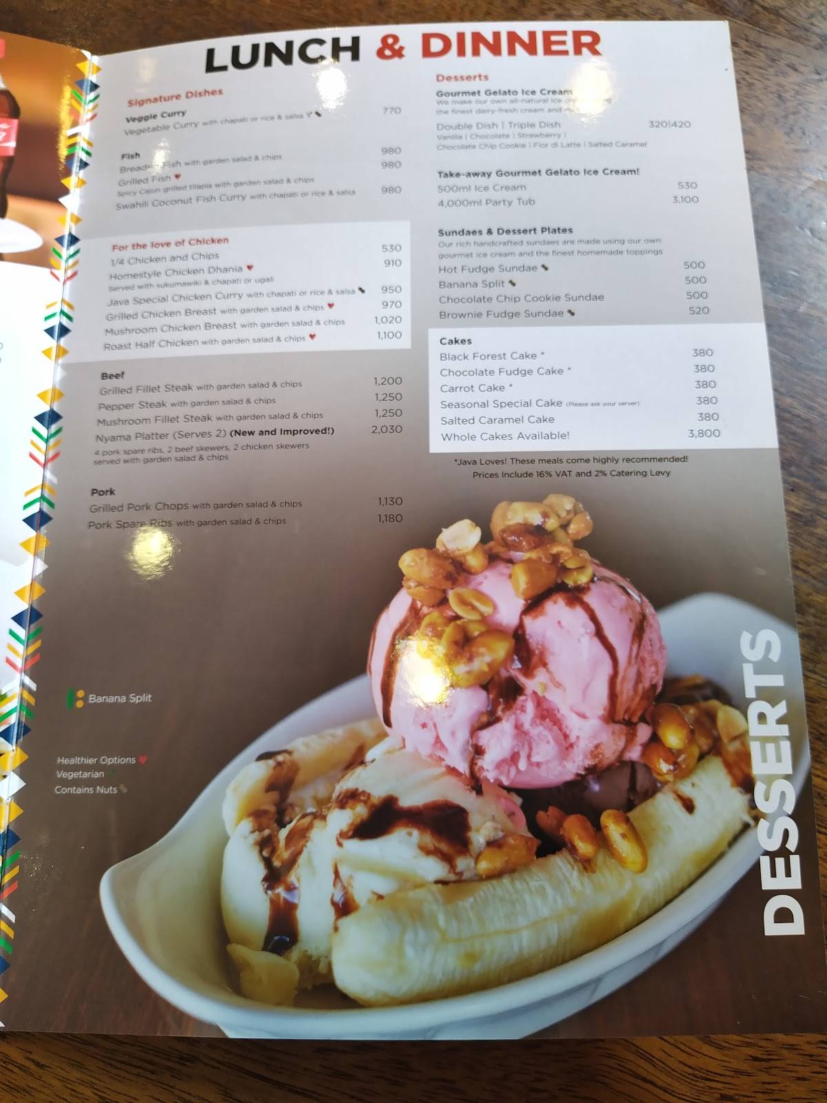 Menu at Java House Parklands cafe, Nairobi, PRR9+9FG