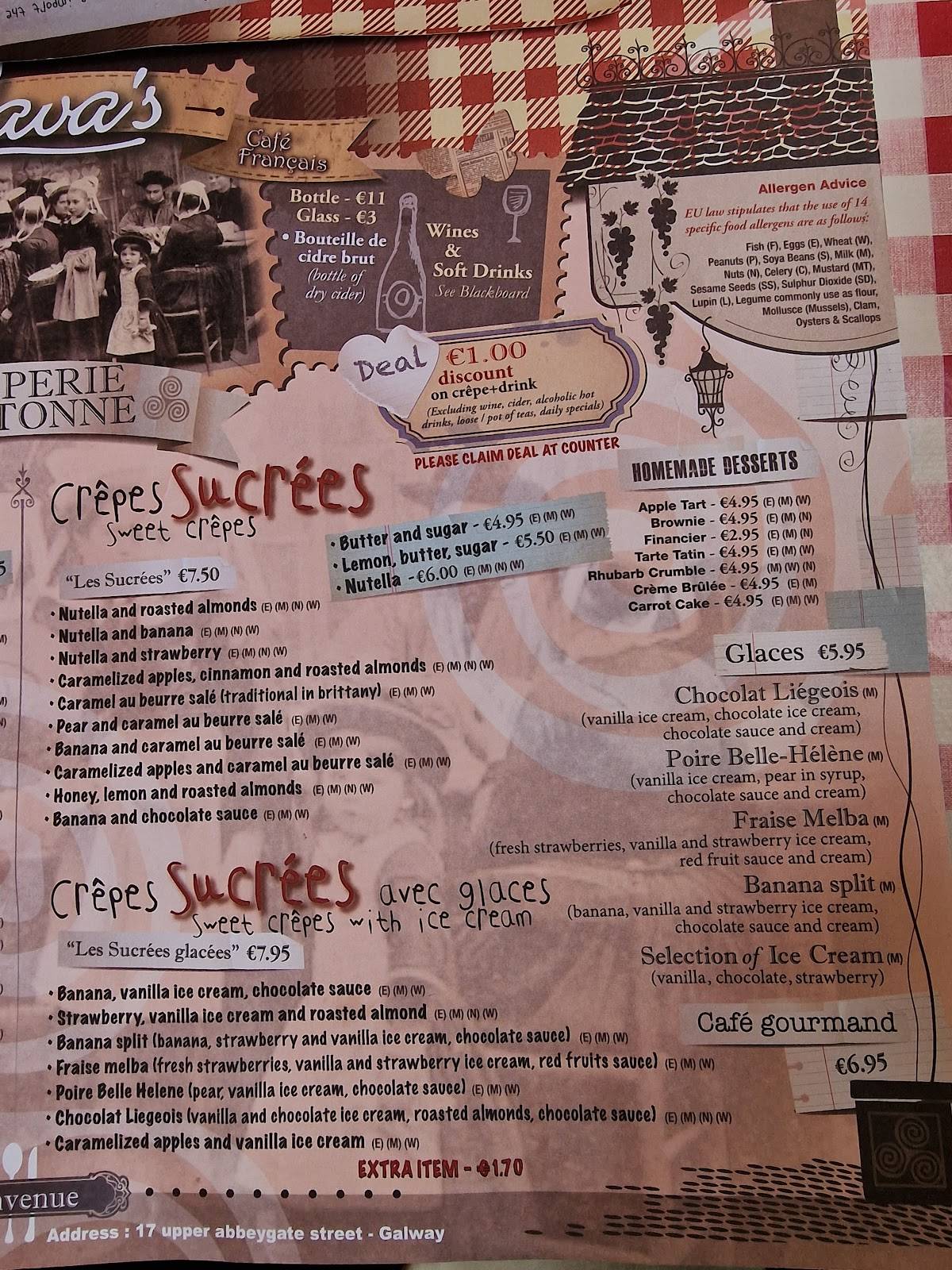 Menu at Java's Cafe, Galway