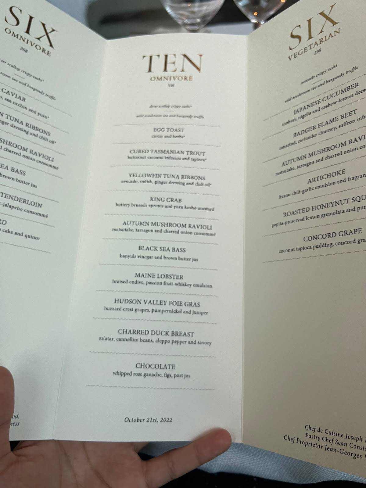 Menu at Jean-Georges restaurant, West New York, 1 Central Park W