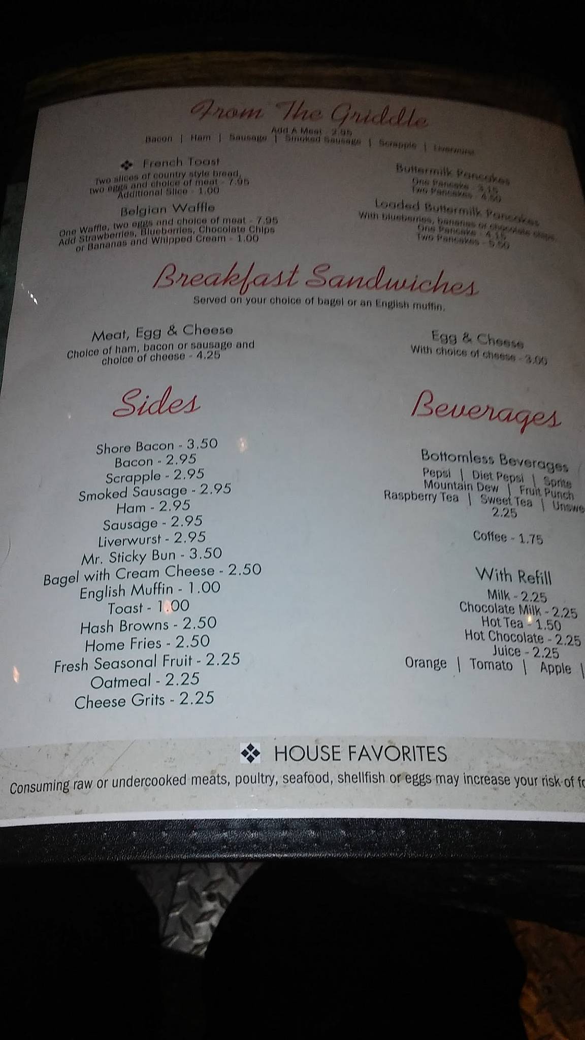 Menu at The Shore Diner restaurant, Jersey Shore