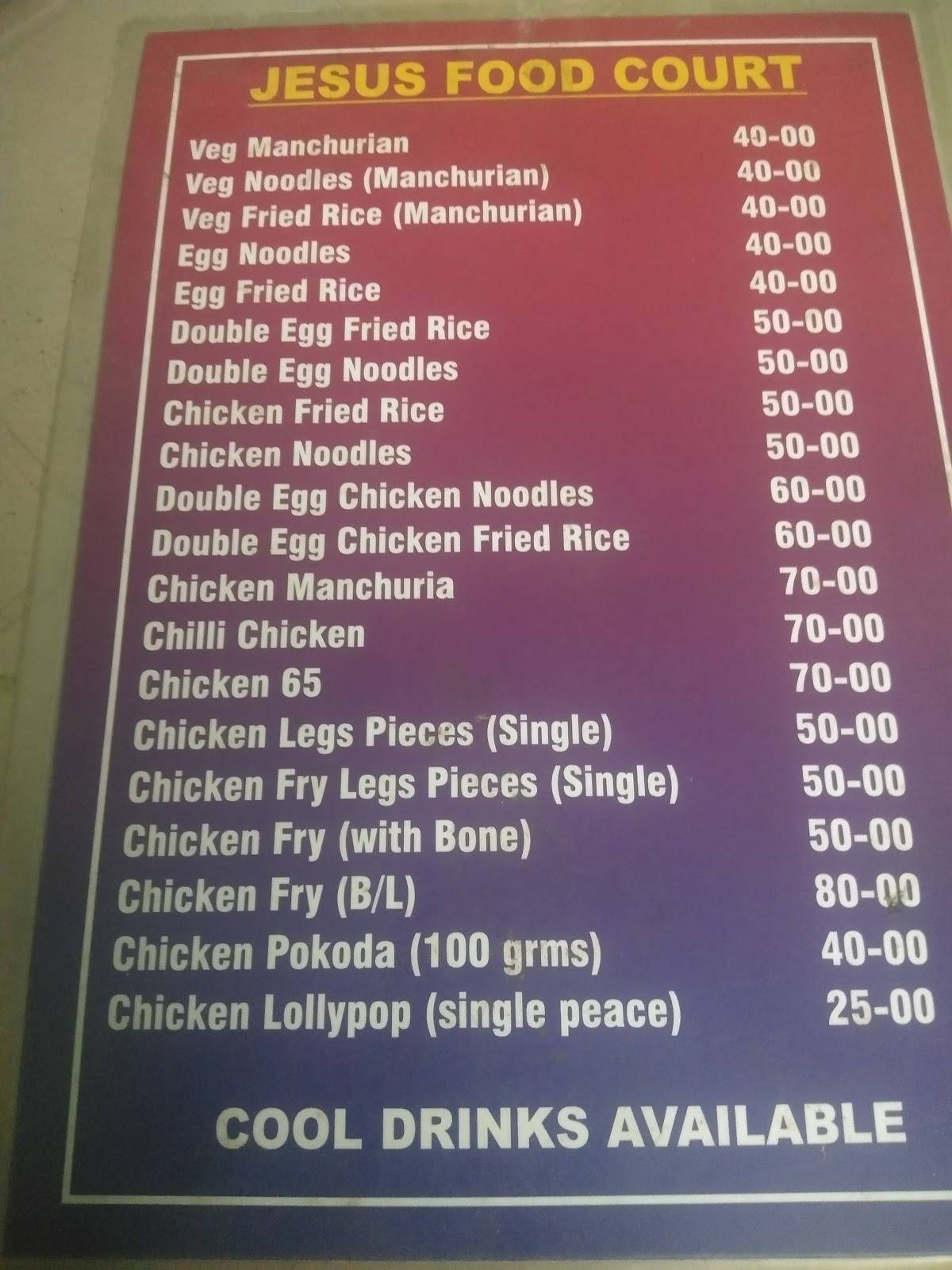 Menu at Jesus food court, Hyderabad