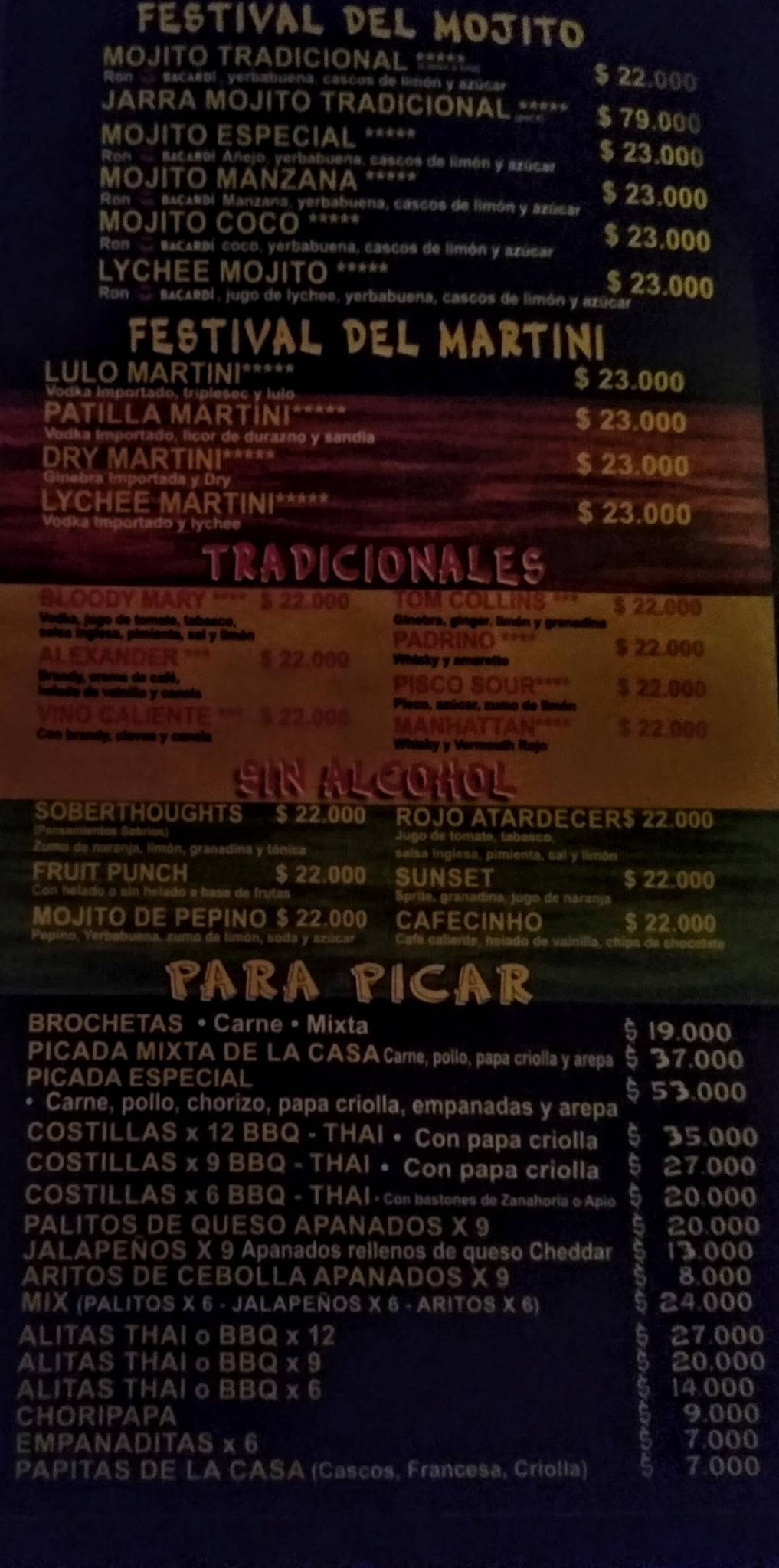 Carta del pub y bar Jhonny Cay, Bogotá
