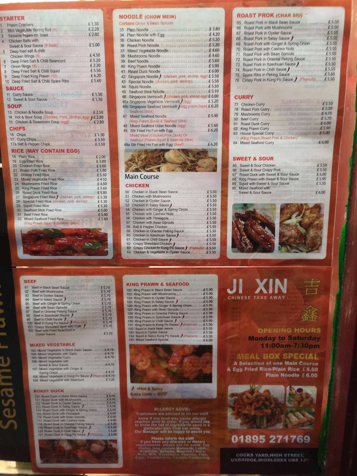 Menu at Ji Xin restaurant, Uxbridge