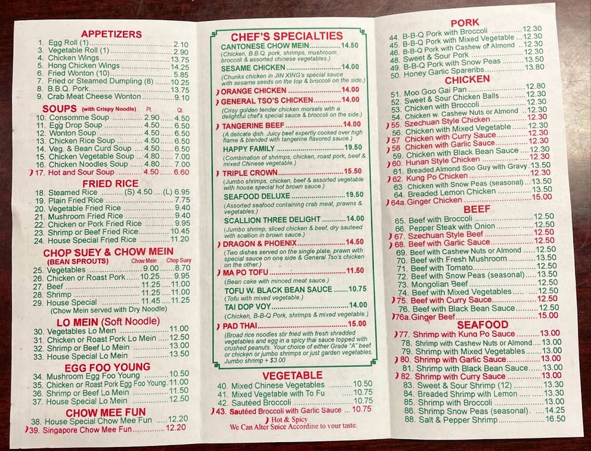 Menu at JT Restaurant, Caledonia