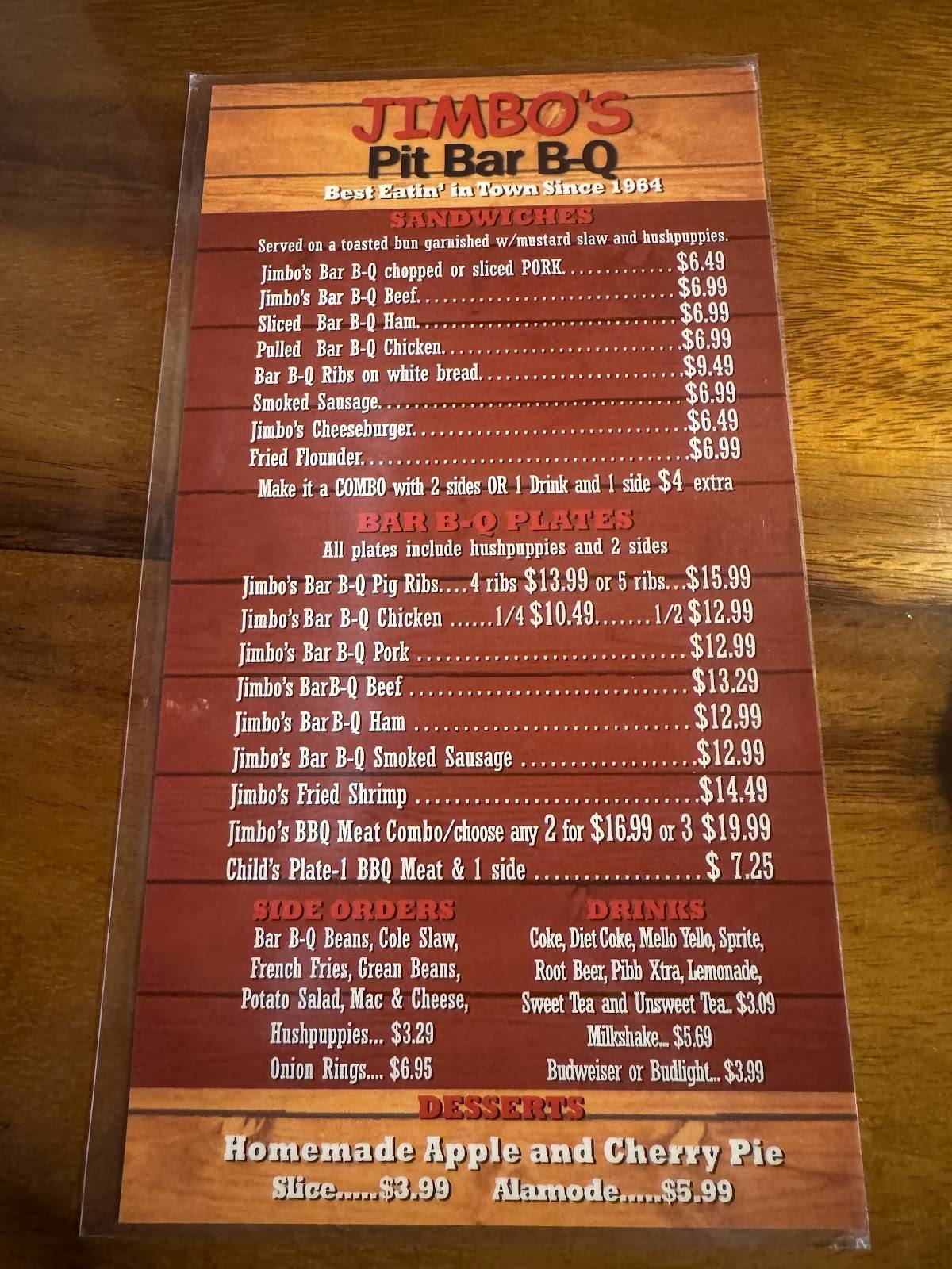Menu at Jimbos Pit Bar BQ, Lakeland