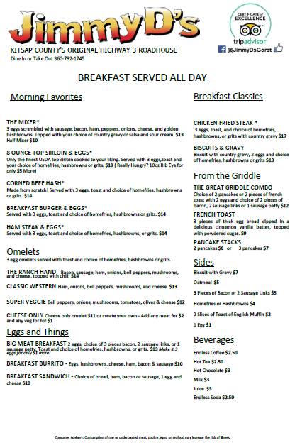 Menu at Jimmy D's Bar & Grill, Bremerton
