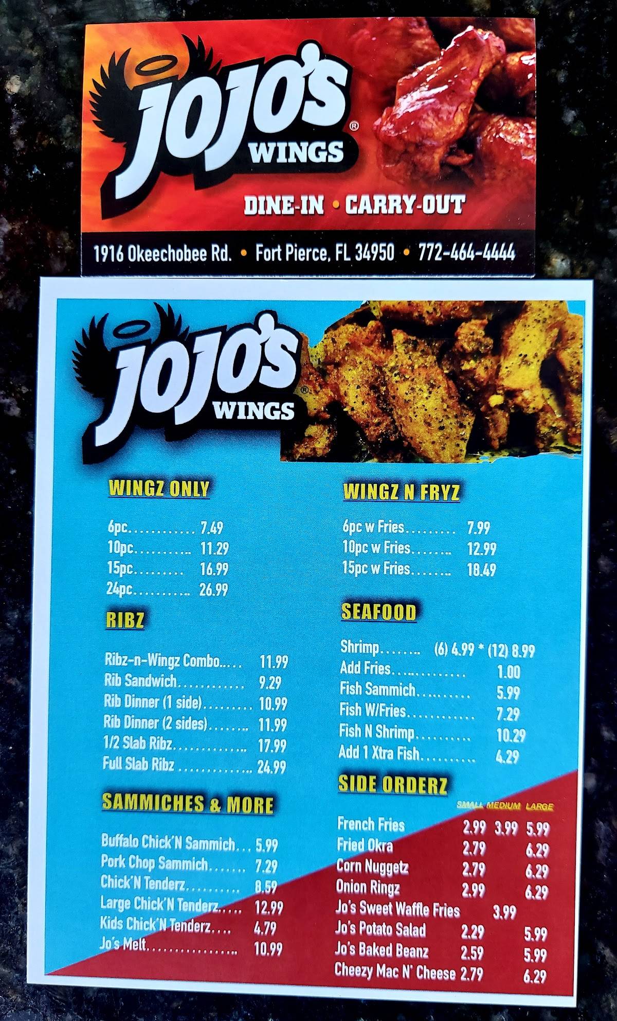Menu at JoJo's Wings restaurant, Fort Pierce, Okeechobee Rd