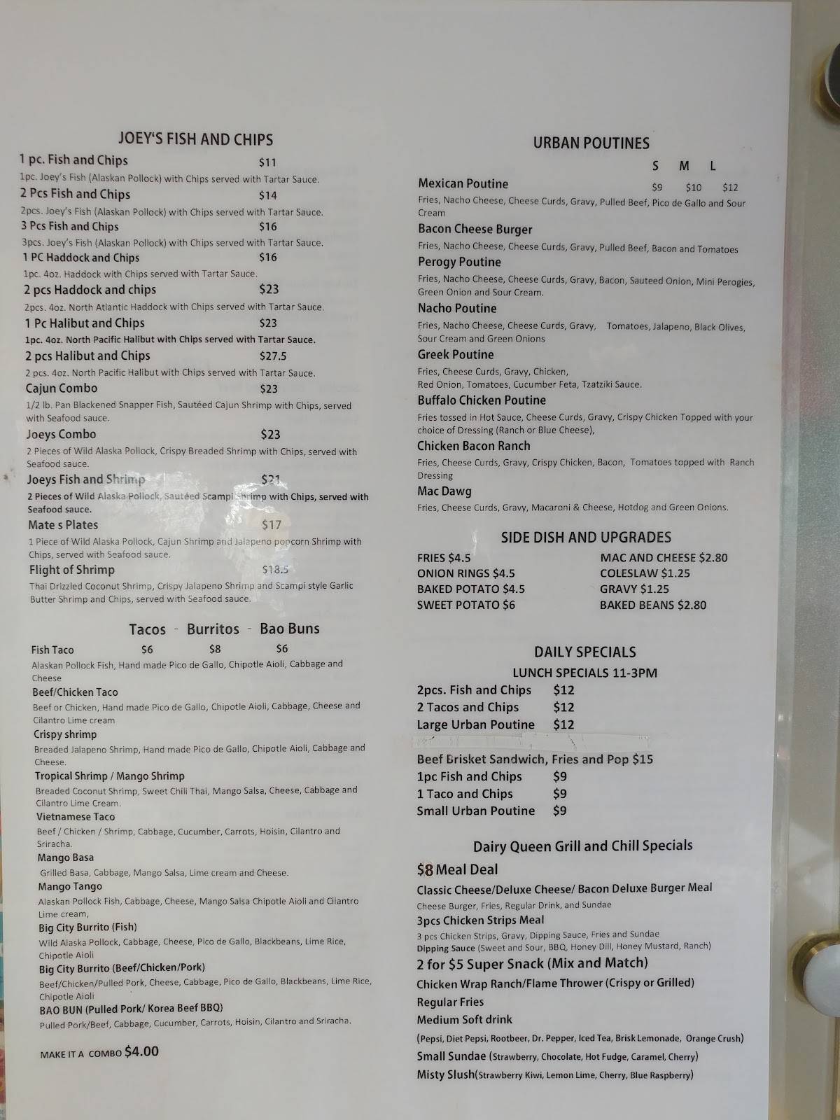 Menu at Joey's Fish Shack restaurant, Moose Jaw