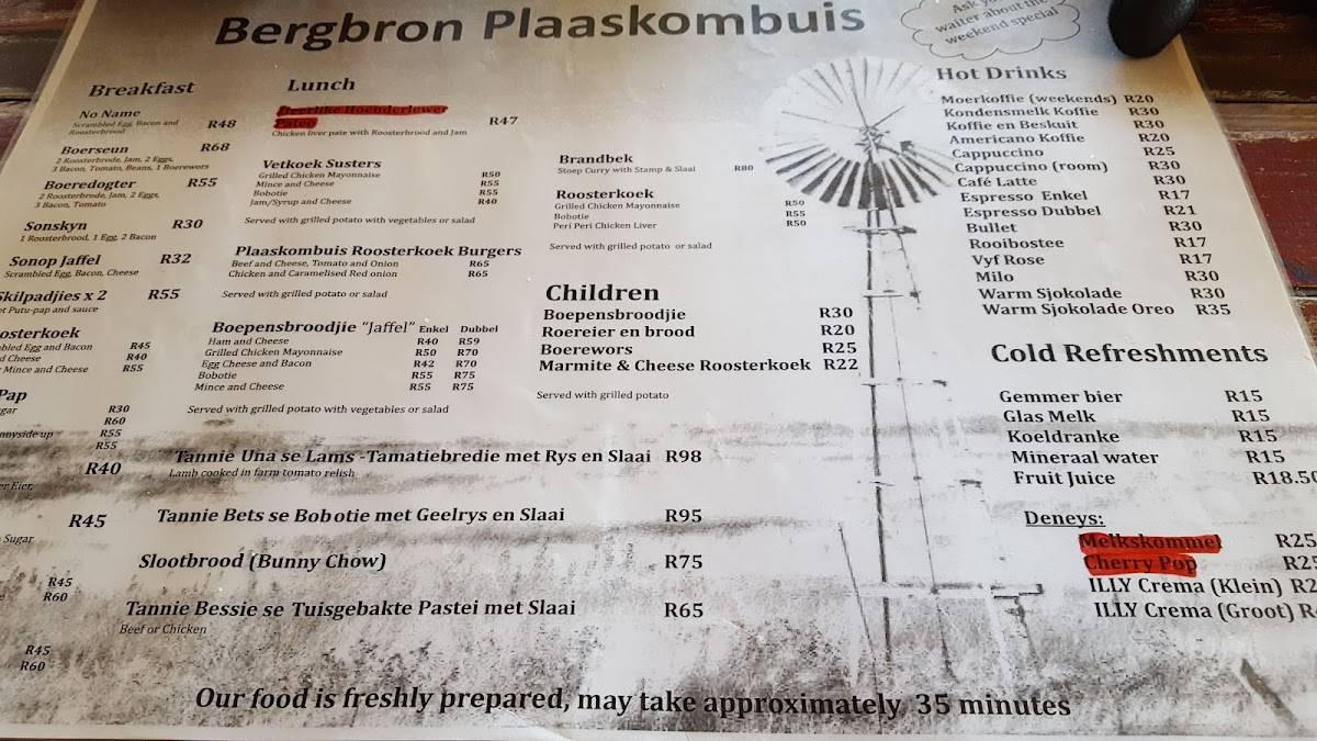 Menu at Bergbron Plaaskombuis en Padstal restaurant, Johannesburg