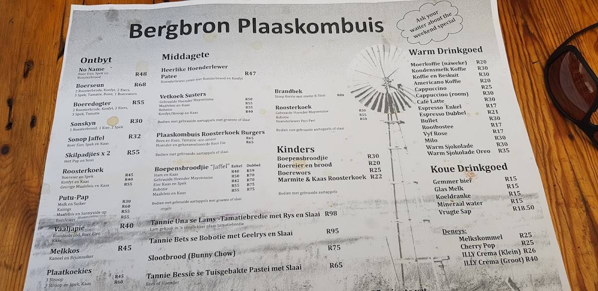 Menu at Bergbron Plaaskombuis en Padstal restaurant, Johannesburg