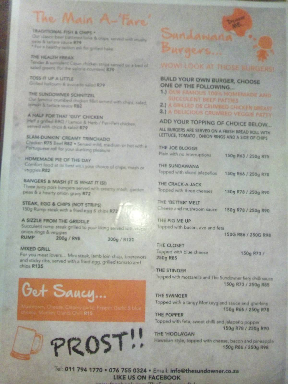 Menu at The Sundowner Bar and Eatery, Randburg