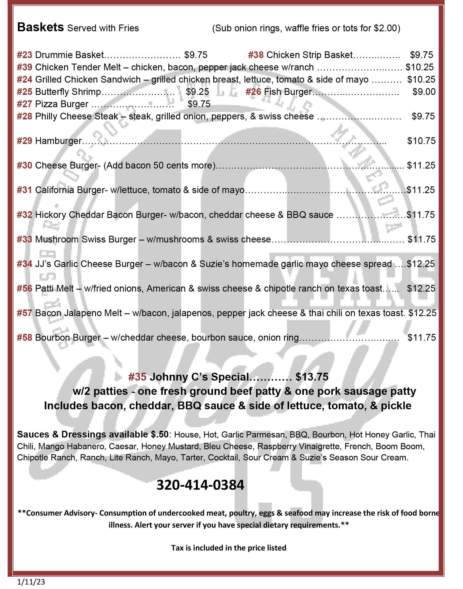 Menu at Johnny C's Sports Bar, Little Falls