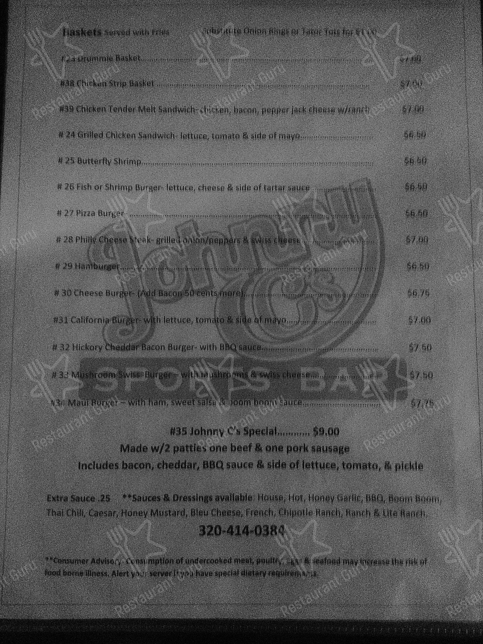 Menu at Johnny C's Sports Bar, Little Falls