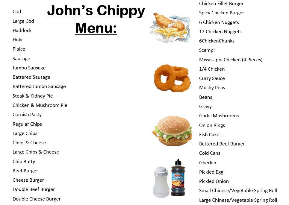Menu at John's Chippy restaurant, Williton