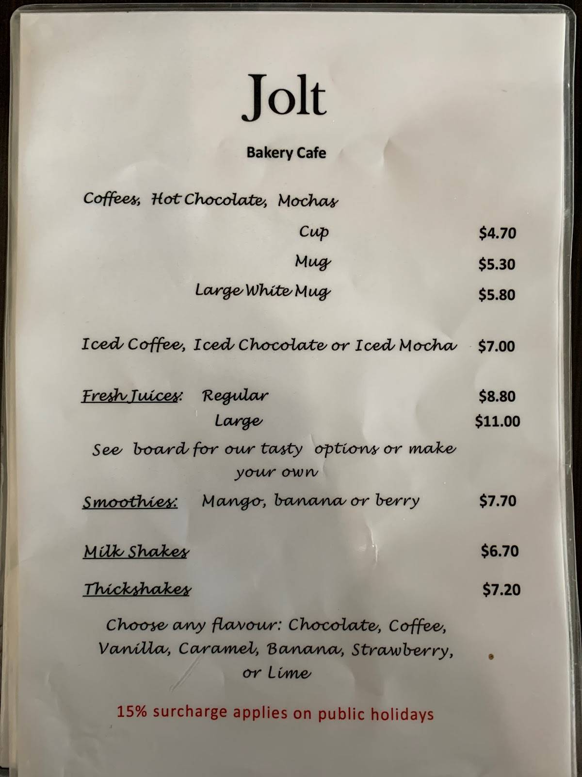 Menu at Jolt Bakery Cafe Yeppoon, Yeppoon