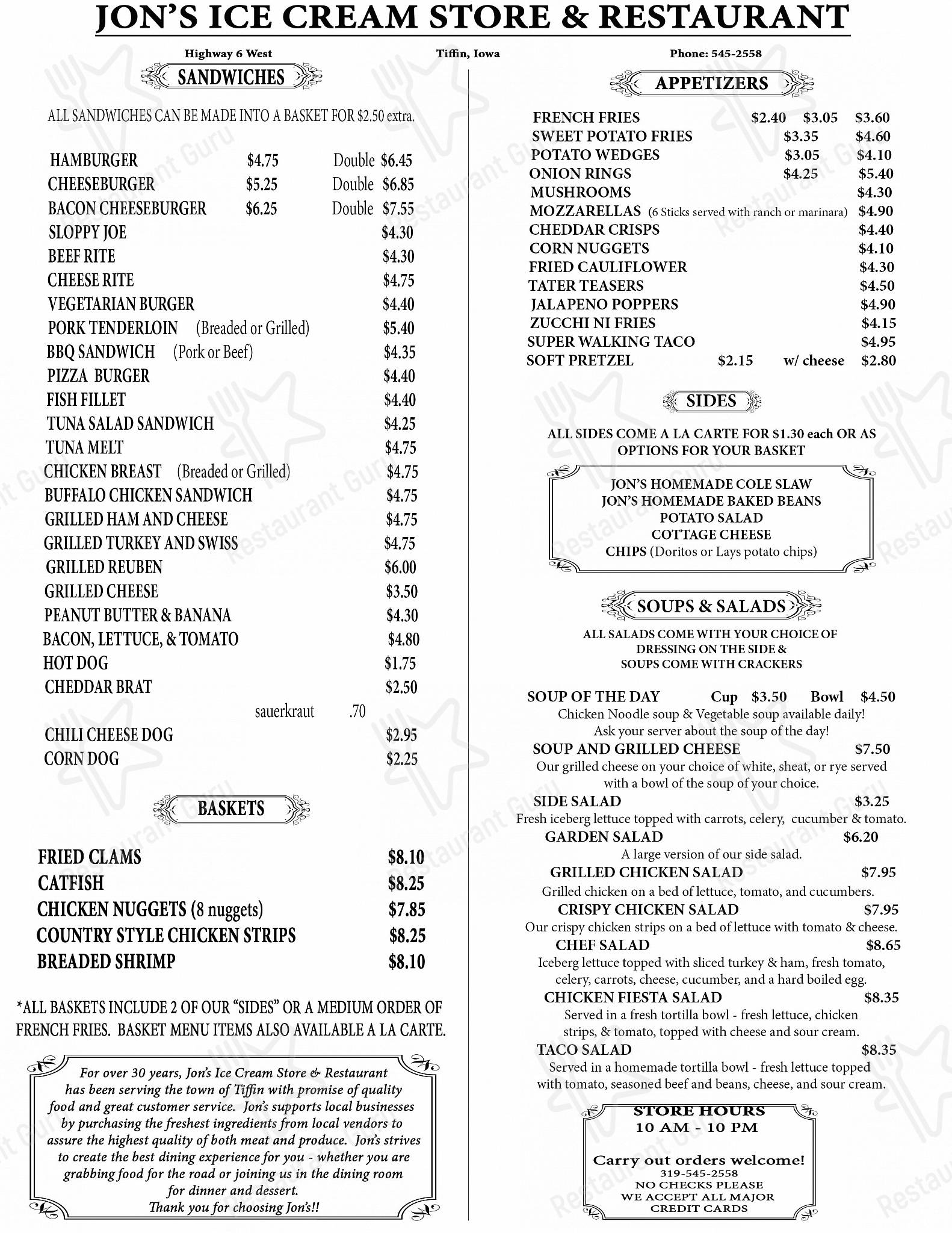Menu at Jon's Ice Cream Store and Restaurant, Tiffin