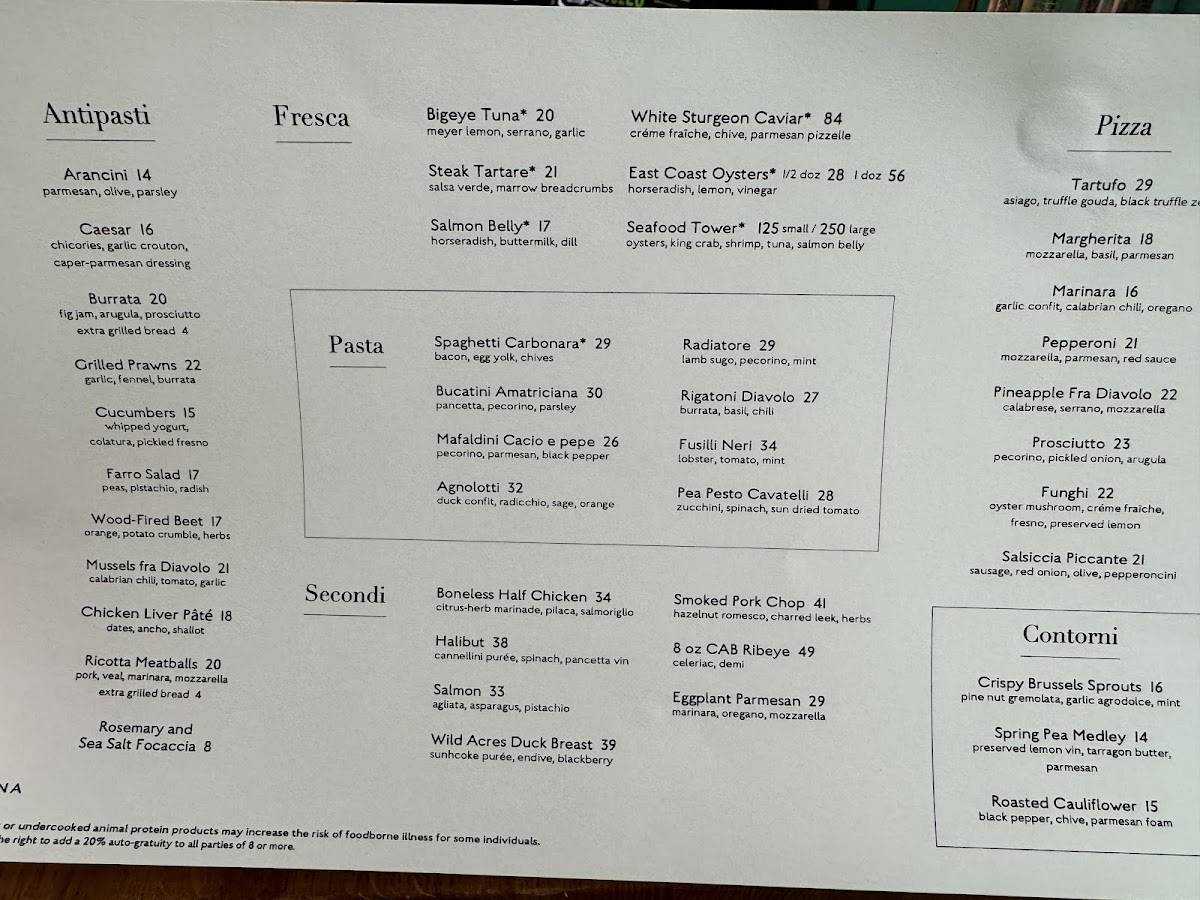 Menu at Josefina pizzeria, Wayzata