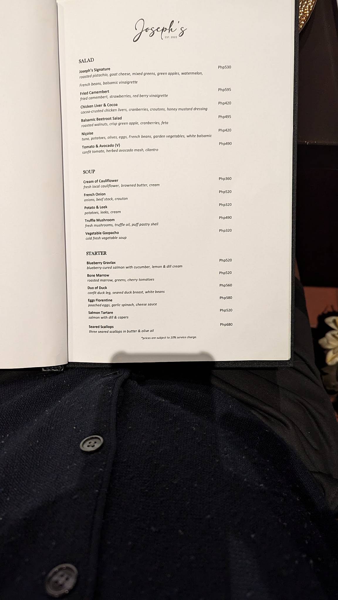 Menu at Joseph's restaurant, Baguio