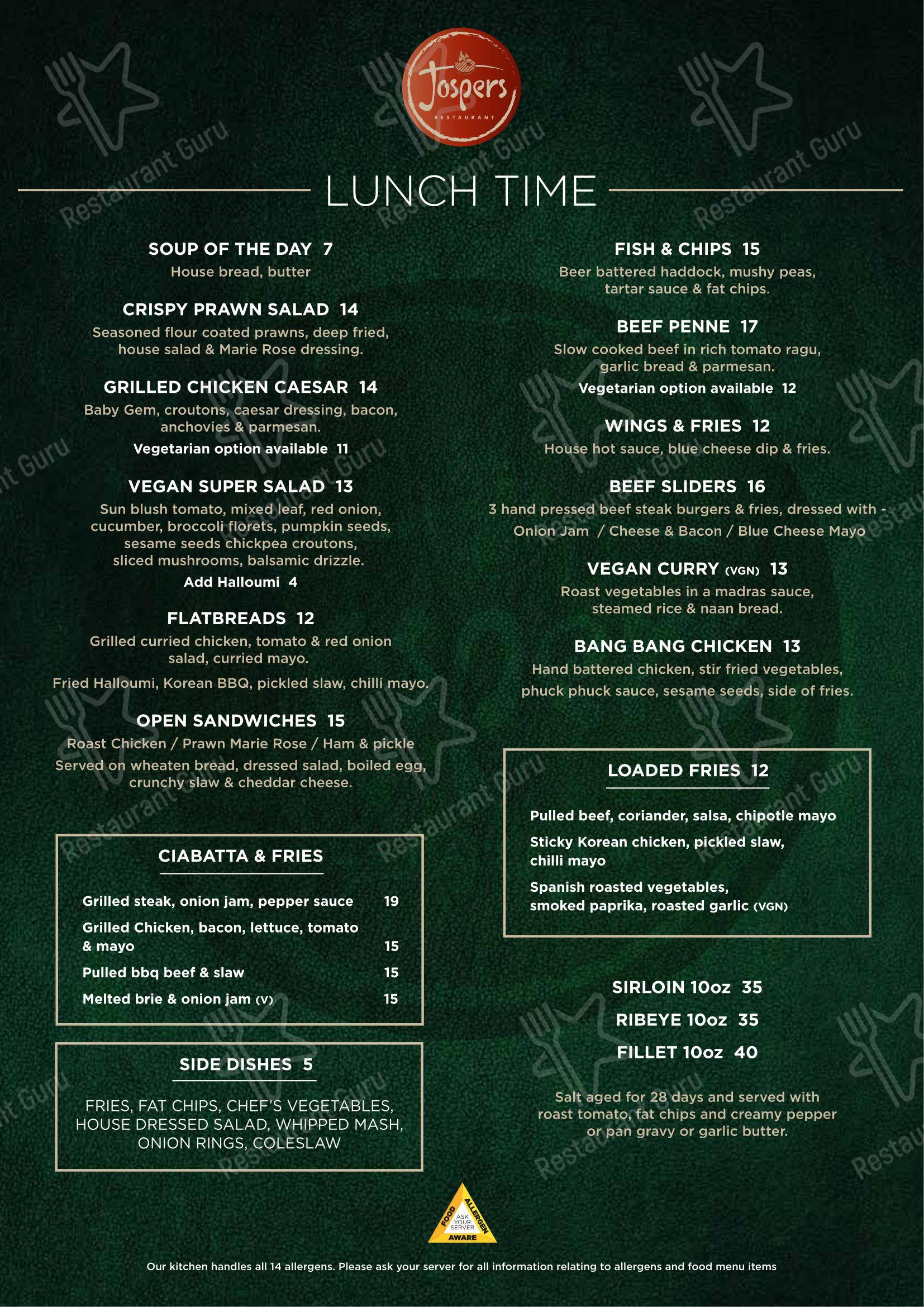 Menu at Jospers Steakhouse @ Ten Square, Belfast