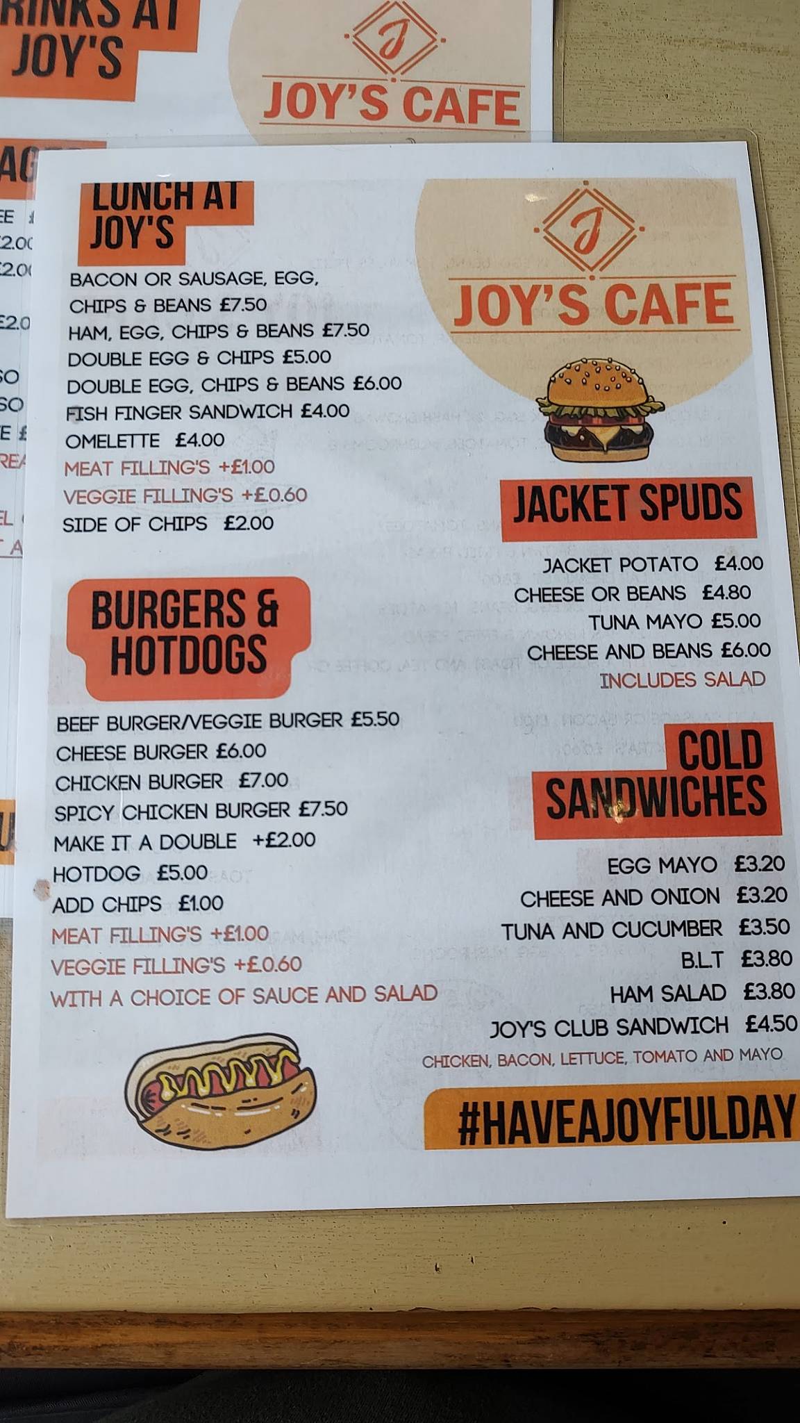 Menu at Joy's Cafe, Coventry