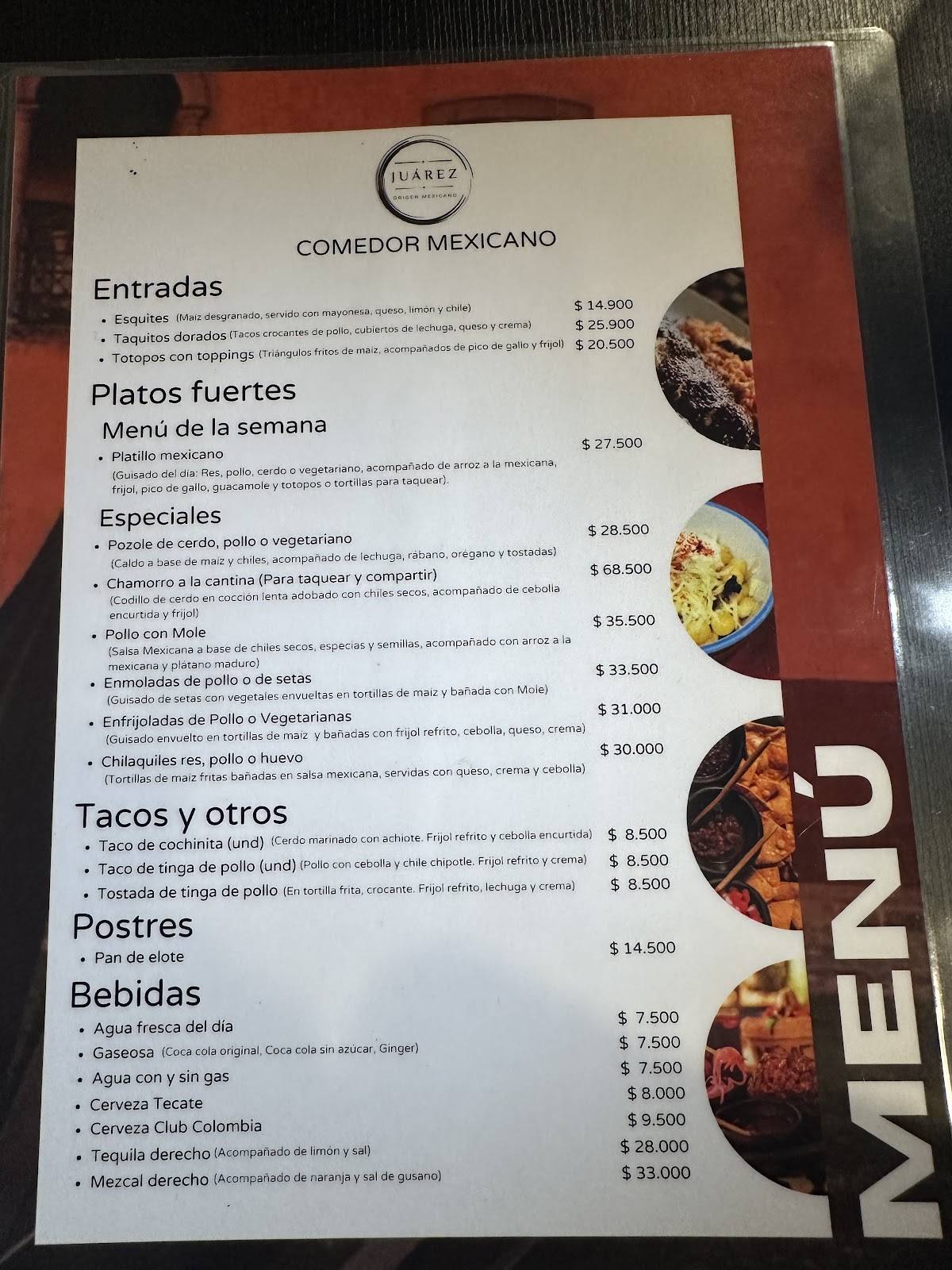 Carta del restaurante Juarez Origen Mexicano, Bogotá