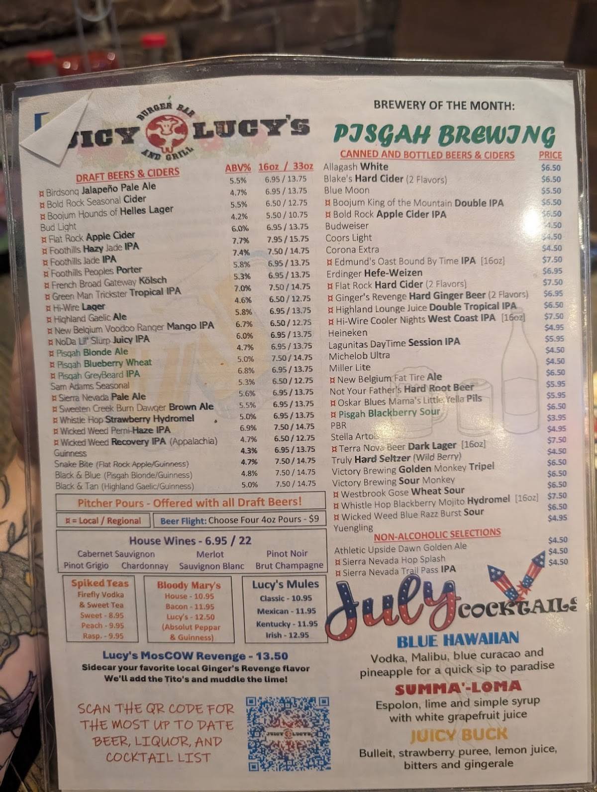 Menu at Juicy Lucy's Burger Bar and Grill, Asheville