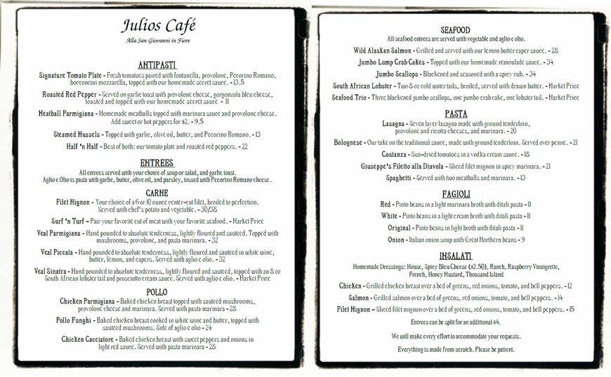 Menu at Julio's Café restaurant, Clarksburg